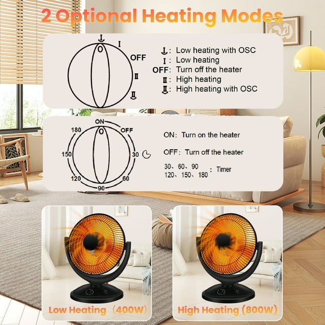 Auseo Oscillating Parabolic Space Heater with Timer, Radiant Dish Heat
