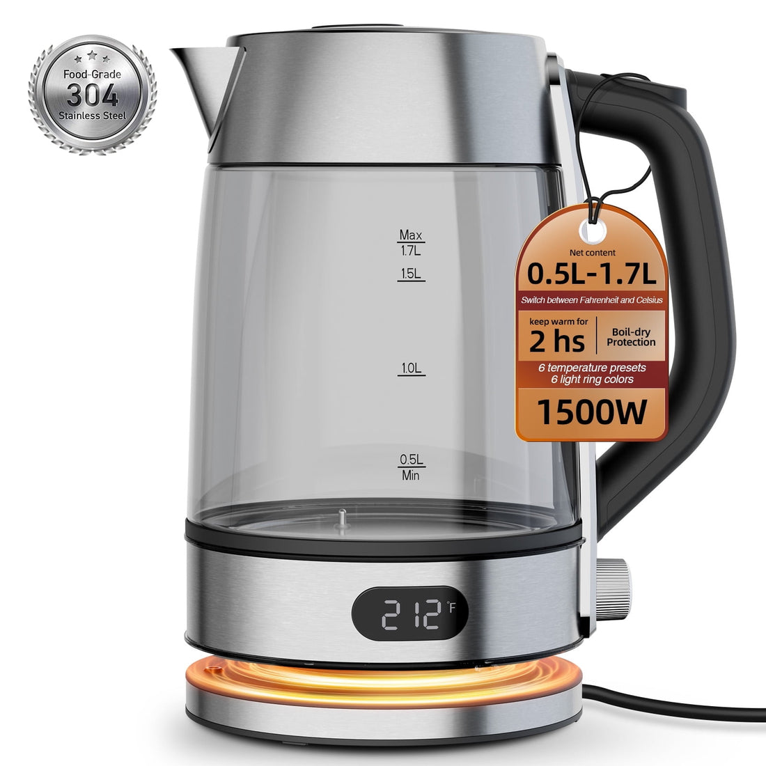Auseo 1.7L Electric Glass Kettle, 1500W Fast-Boil, LED Indicator Light